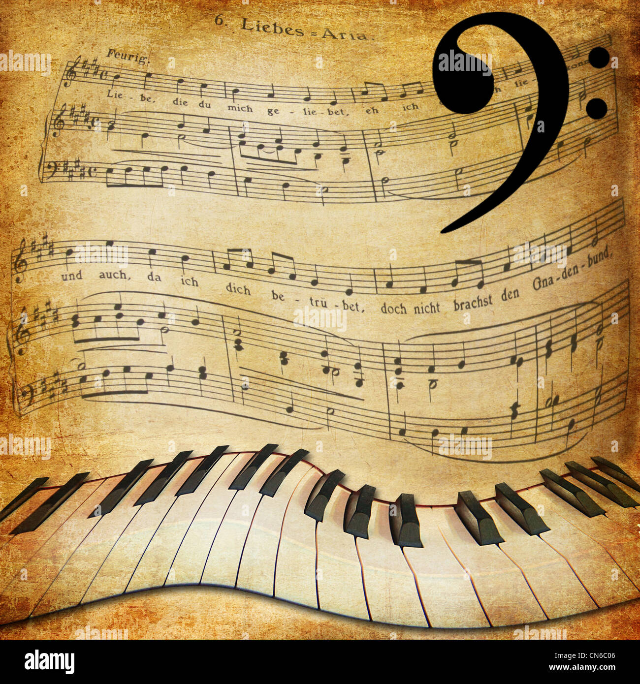 Music background: warped piano and music paper sheets on a sepia grunge ...