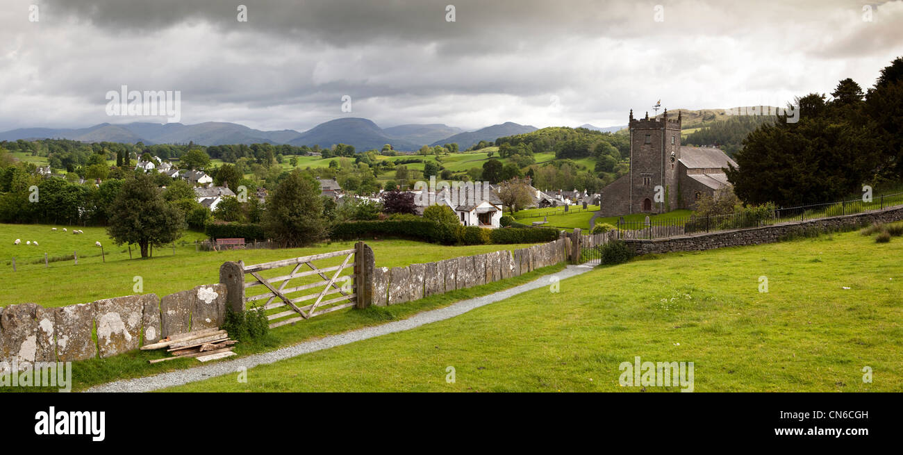 UK, Cumbria, Lake District, Hawkshead village from path to churchyard ...