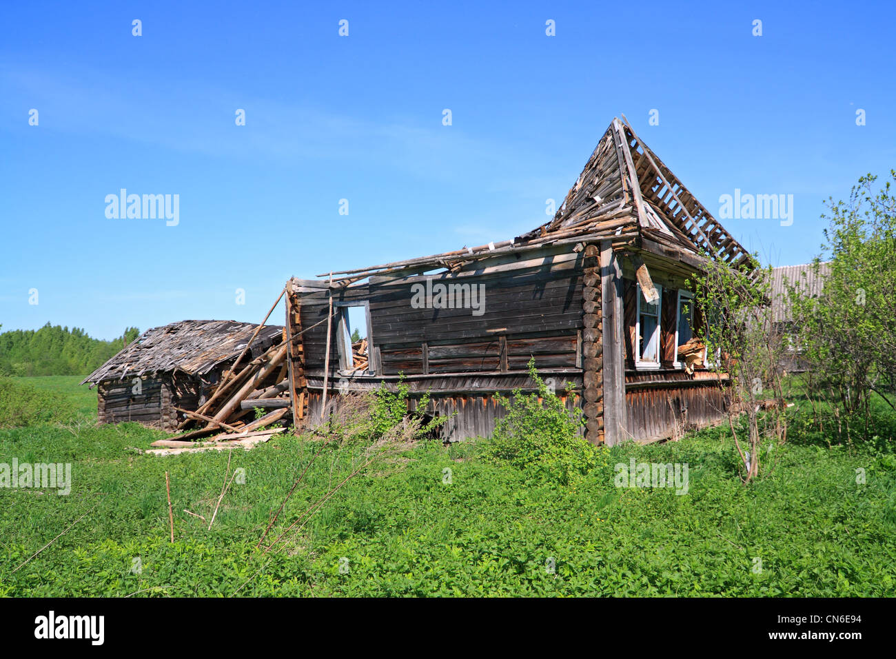 old ruined wooden rural house Stock Photo - Alamy