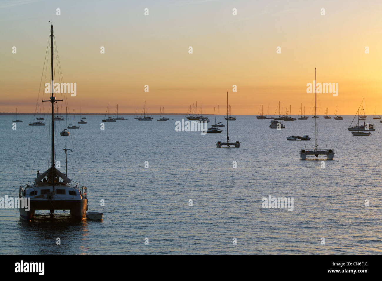 Catamarans and other boats in Fannie Bay at sunset. Australia Stock ...