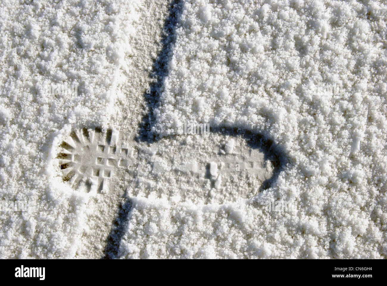 Human foot and bicycle wheel imprint in the snow Stock Photo - Alamy