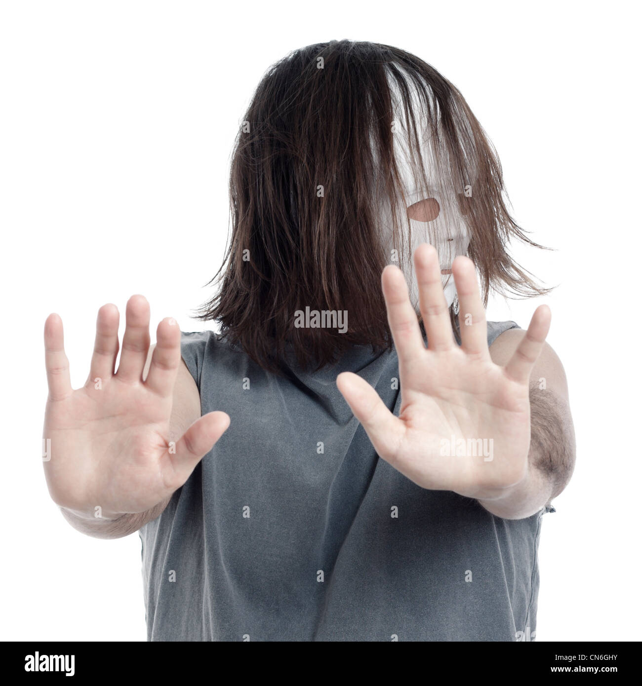 Horror scary masked man gesturing stop sign, isolated on white ...