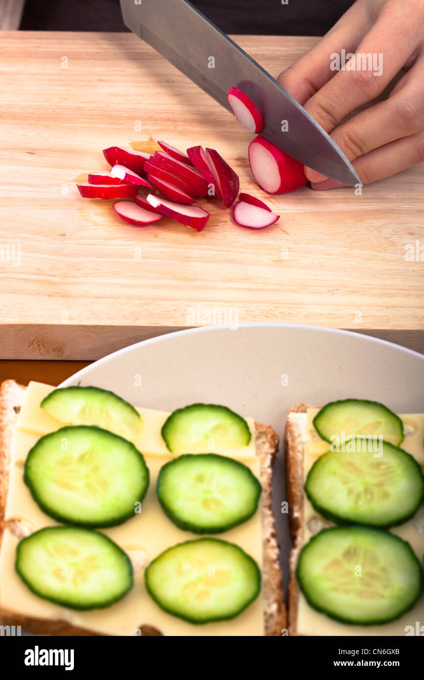 Detail of preparing vegetarian sandwiches and chopping fresh radishes ...