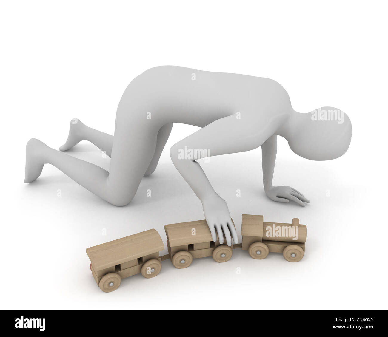 3D white man plays with wooden train, isolated on white Stock Photo - Alamy