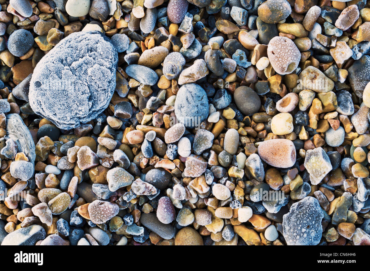 Frosty pebble stones on the Blast beach, Dawdon, County Durham Stock ...
