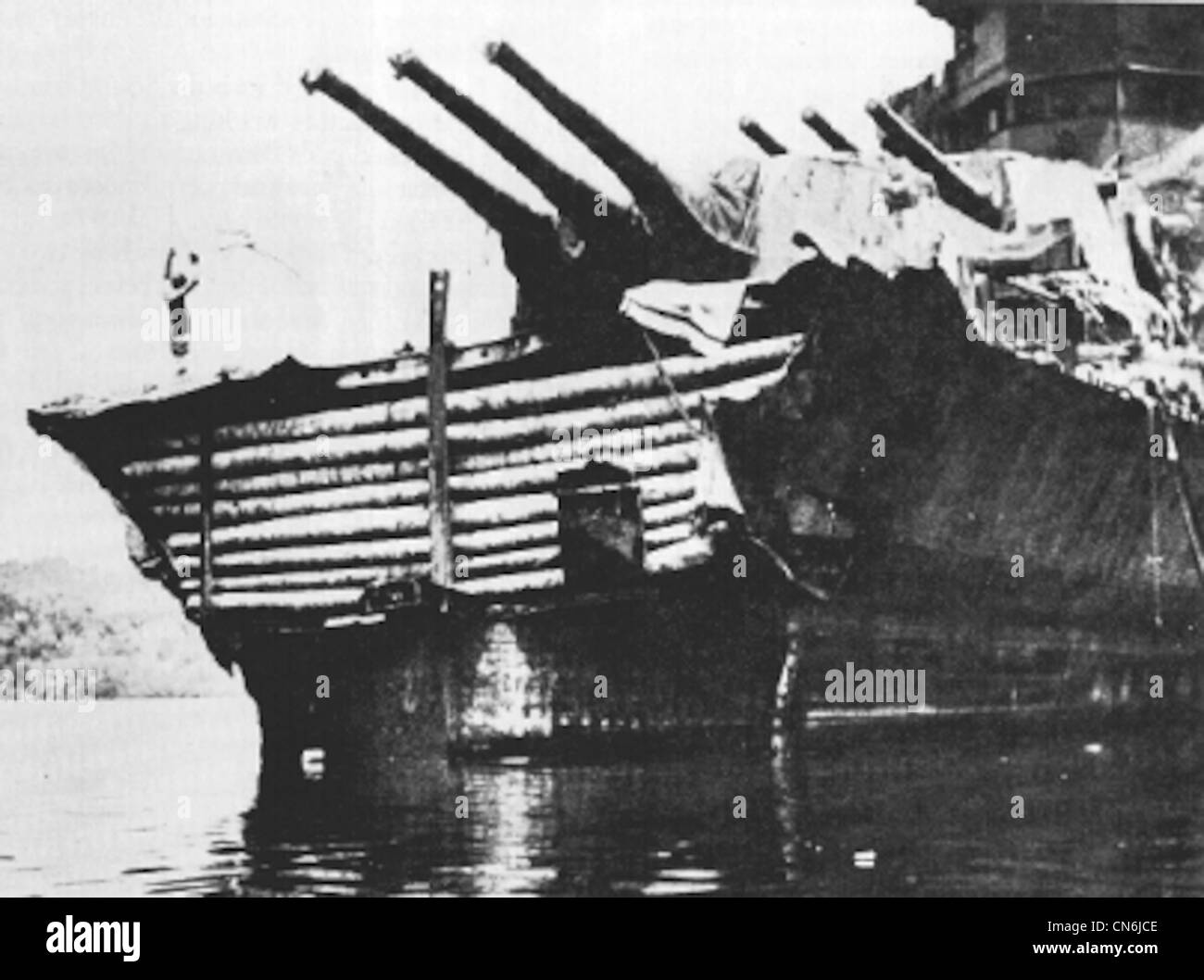 Minneapolis at Tulagi with a jury-rigged temporary bow made of coconut ...