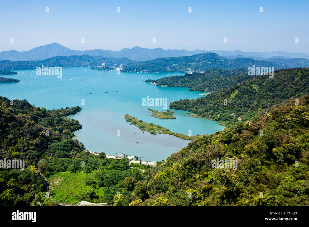 Panorama of Sun Moon Lake from Ropeway cable car gondola, from Bujishan ...