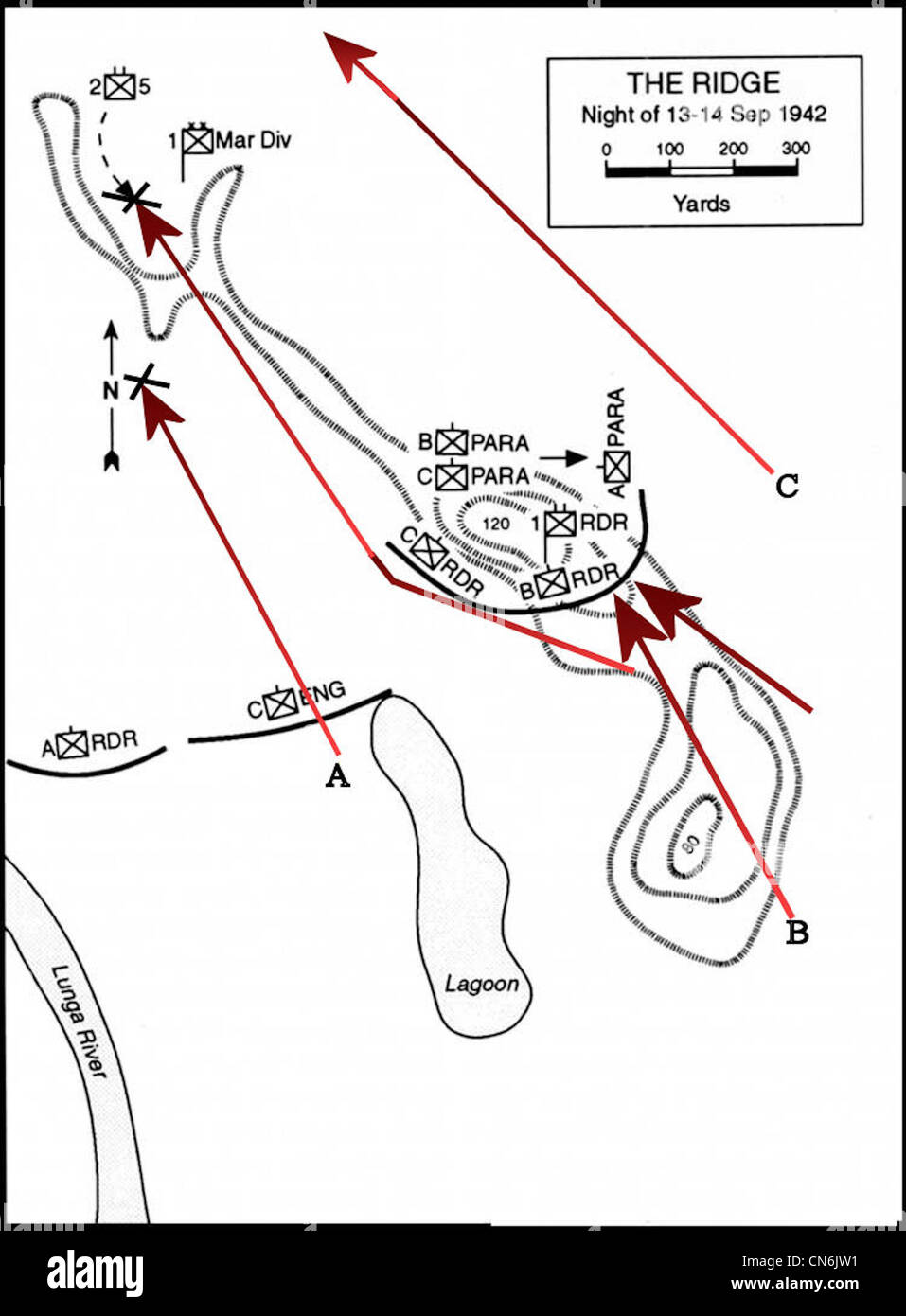 Japanese attack on Edson's Ridge, September 13, 1942. Key: A: Kokusho's ...
