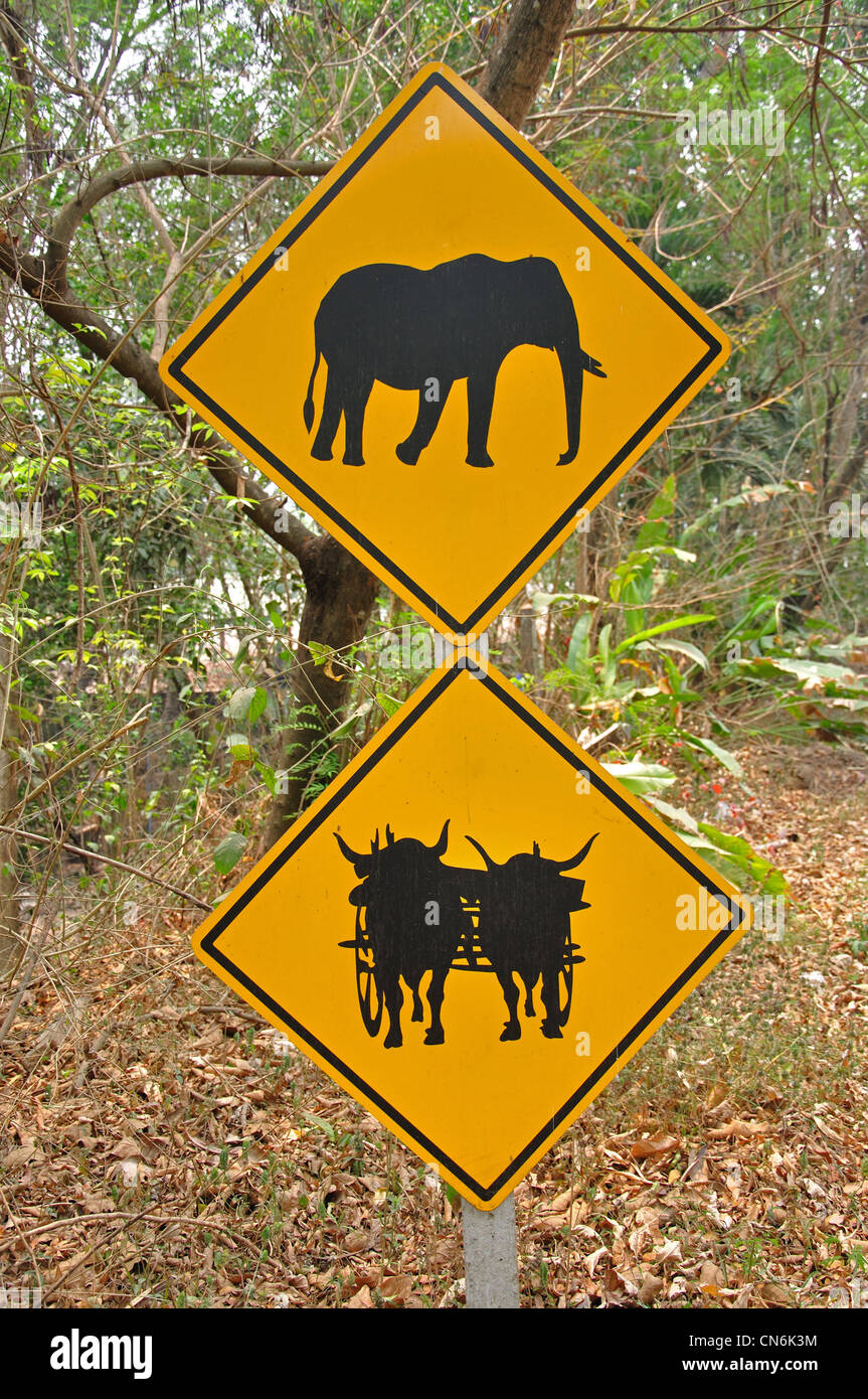 Ox-Cart and elephant traffic signs near Maetaman Elephant Camp, near ...