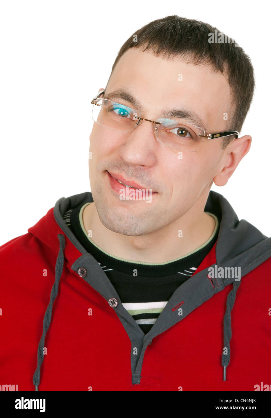 Portrait of a guy with glasses in a red dress on white background Stock ...