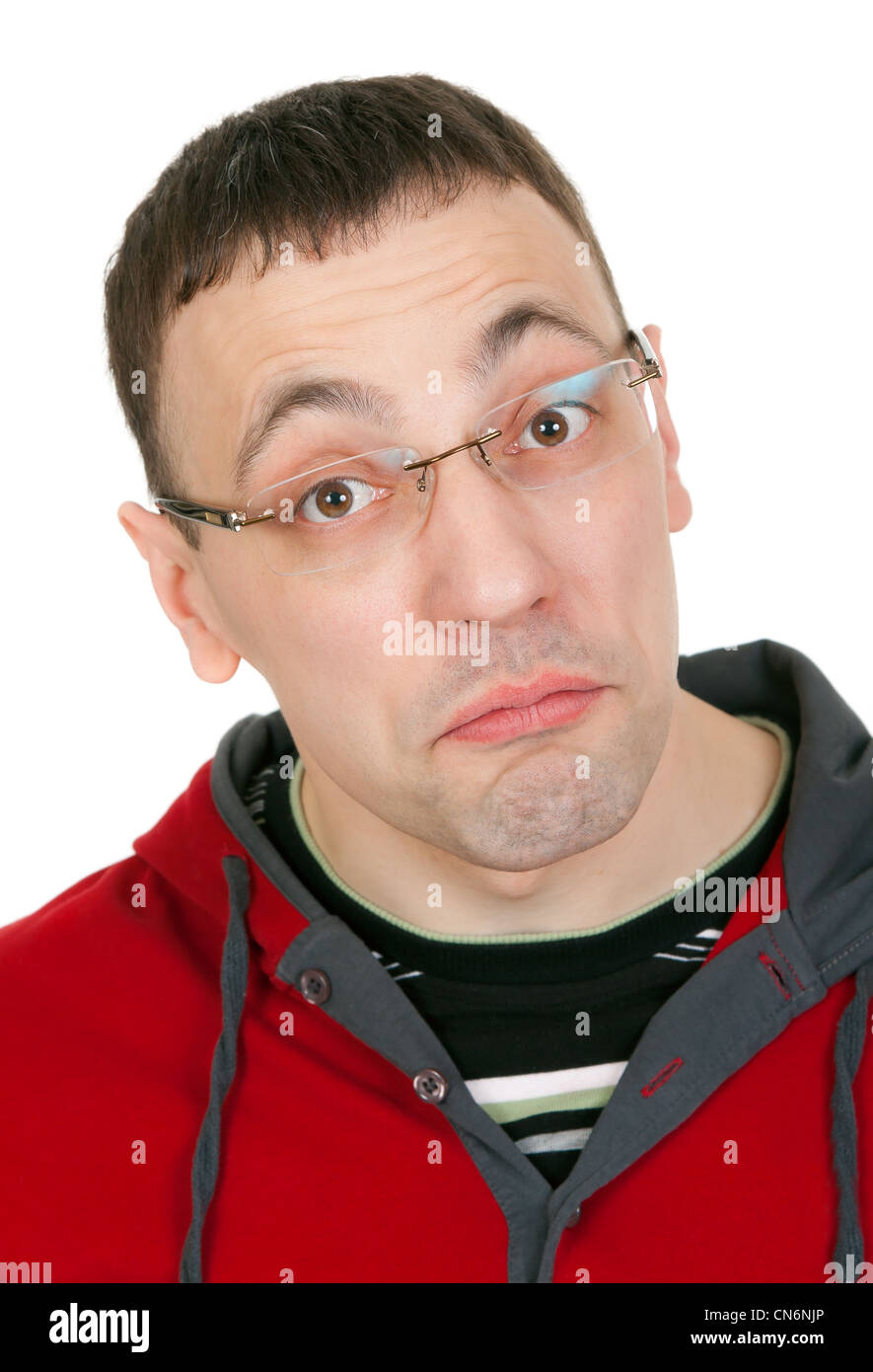 Portrait of a guy with glasses in a red dress on white background Stock ...
