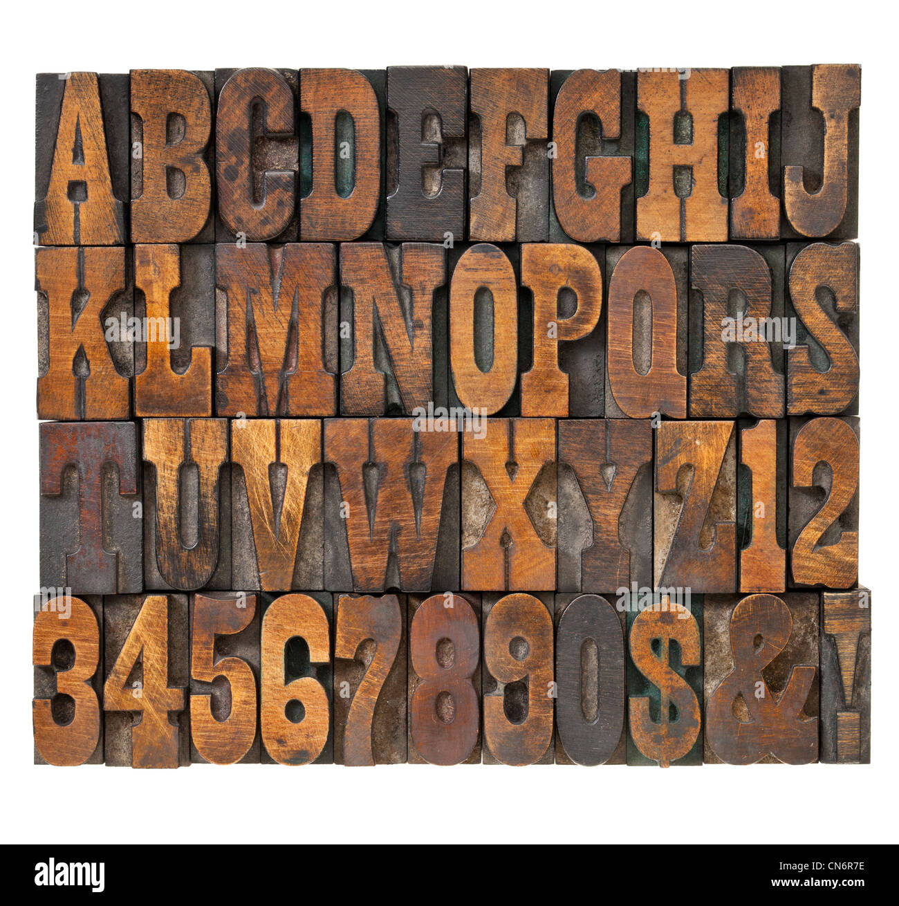 letters and numbers in vintage letterpress wood type - alphabet in ...