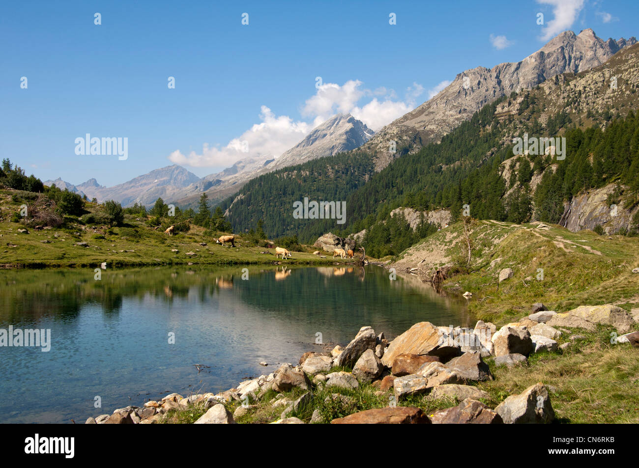 At lake Grundsee in the Loetschental valley, Valais, Switzerland Stock ...