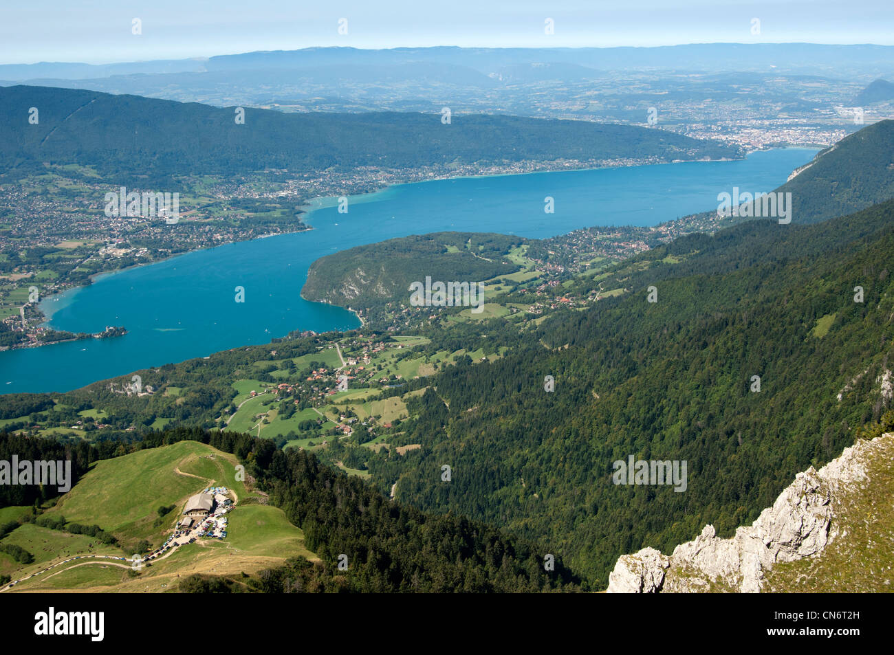 Lake basin of the Lake of Annecy (Lac d'Annecy) with the town of Annecy ...