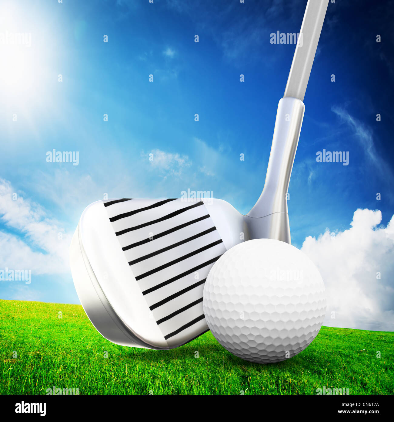 Playing golf. Ball, a golf club ready to shot. Sunny summer scene Stock ...