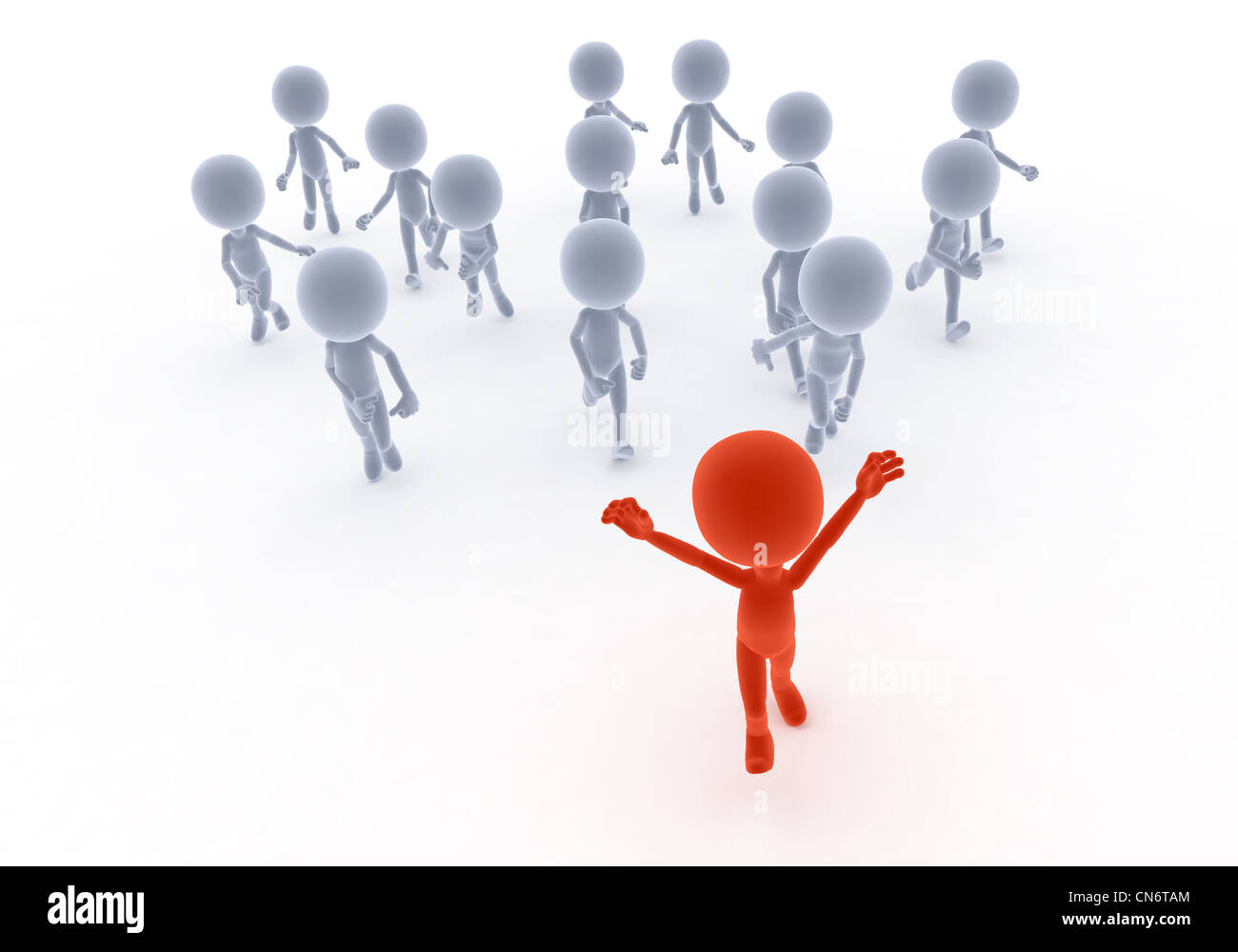 Toon people running in conceptual race, competition. A happy leader ...