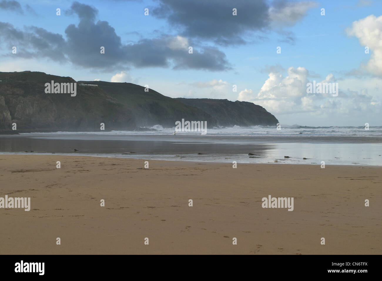 Perranporth Beach Cornwall England at high tide Stock Photo - Alamy