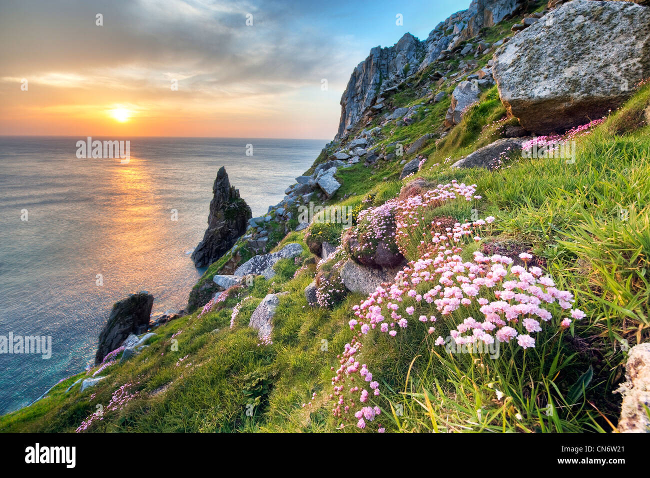 Bosigran Cliff on the Cornish coast at sunset, England, Great Britain ...