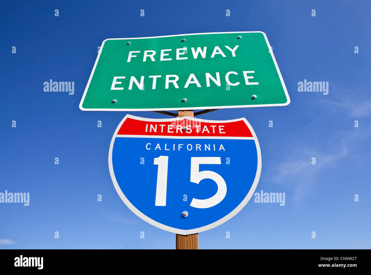 Interstate 15 freeway entrance sign in California's Mojave desert Stock ...