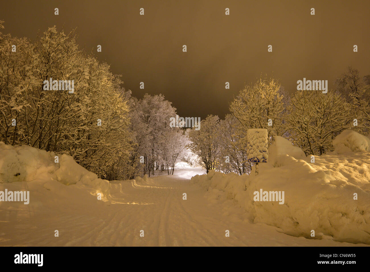 winter snow scenes tromso island lit ski tracks above city norway Stock ...