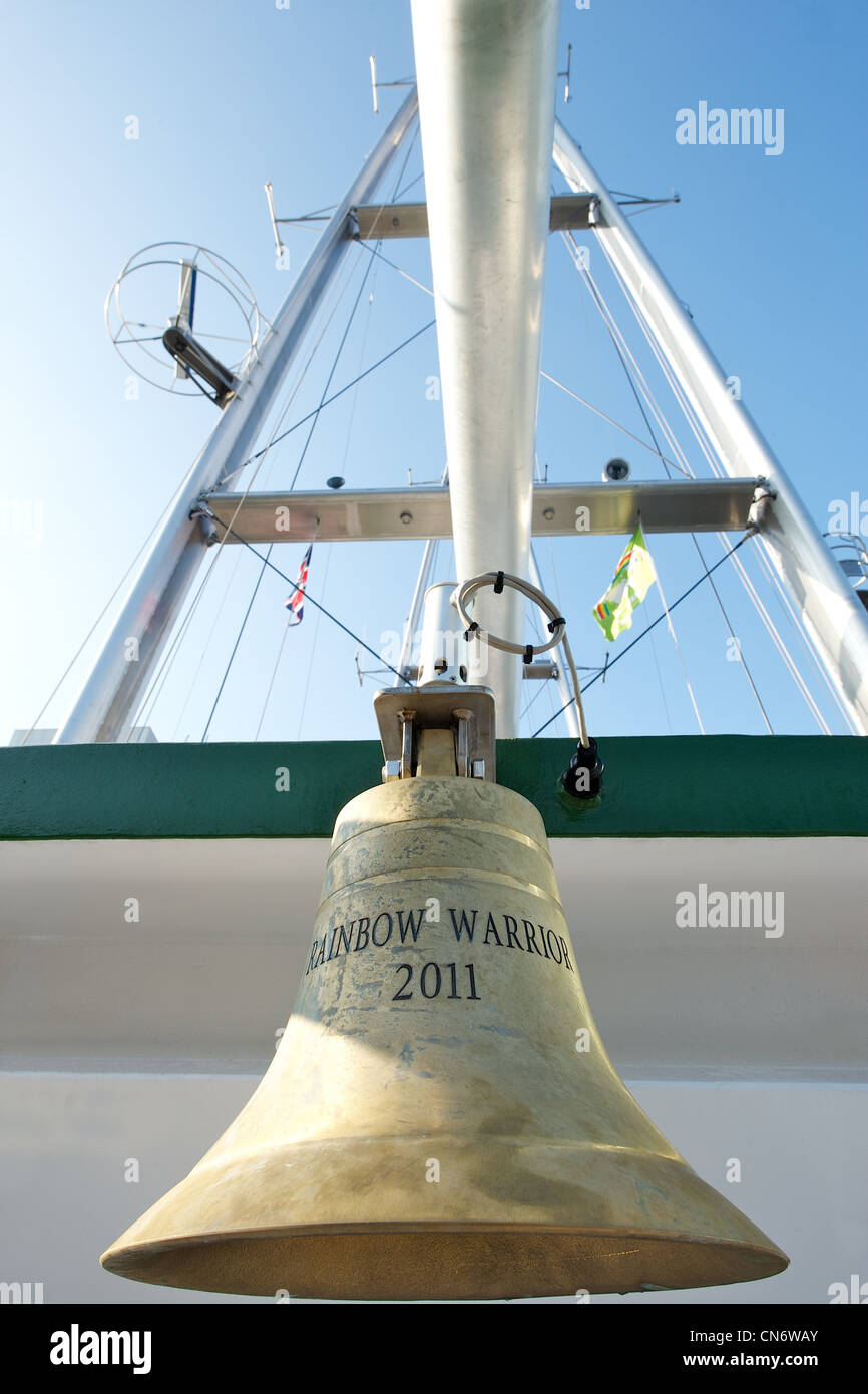 Ship's bell of Greenpeace's Rainbow Warrior III sailing ship Stock ...