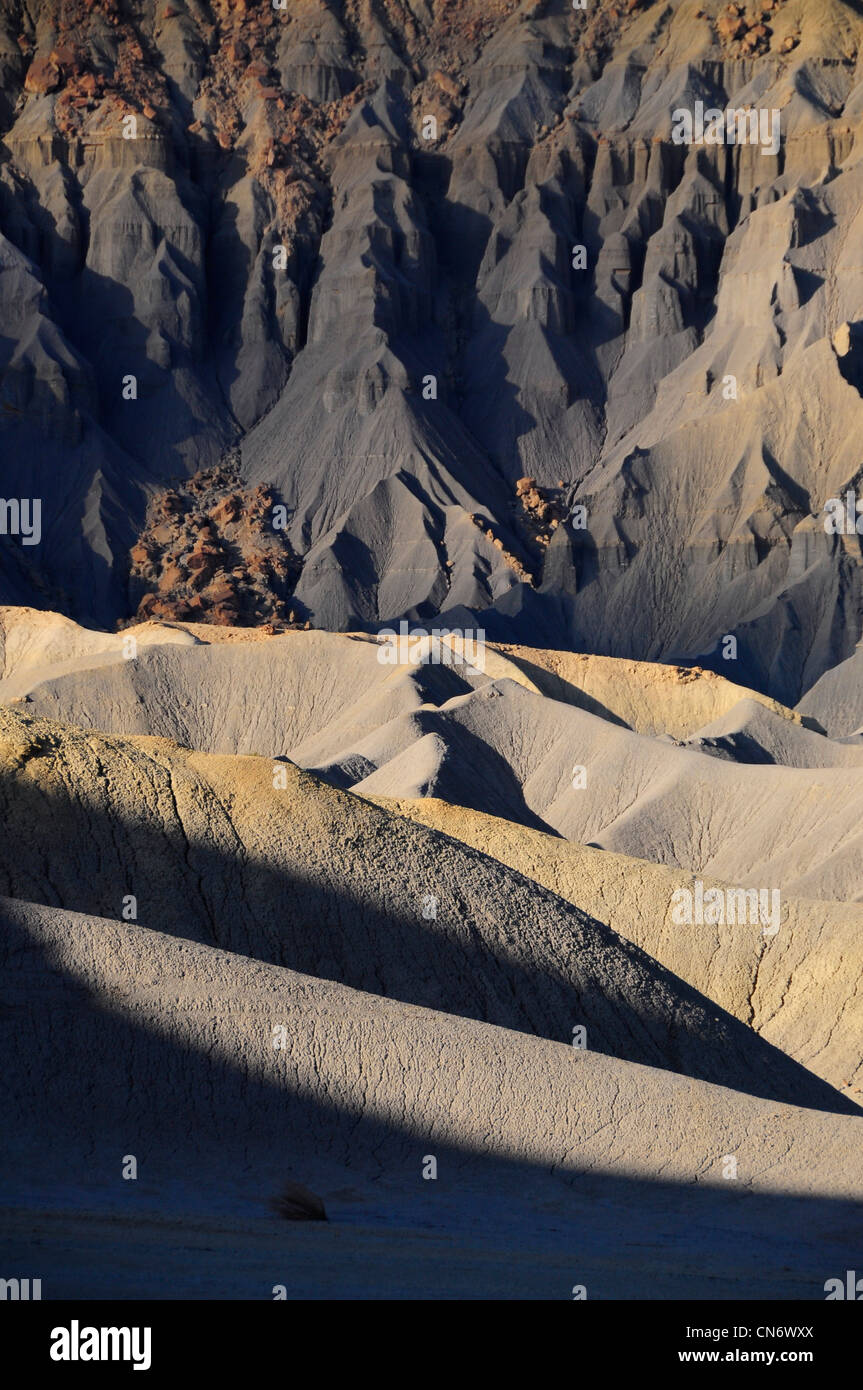 The eroded shale badlands of North Caineville Mesa in Utah's San Rafael ...