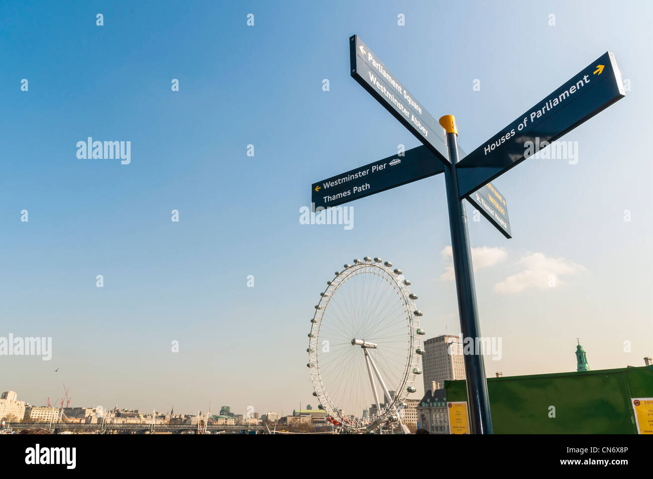 Sign post directing to famous tourist attractions, with London Eye in ...