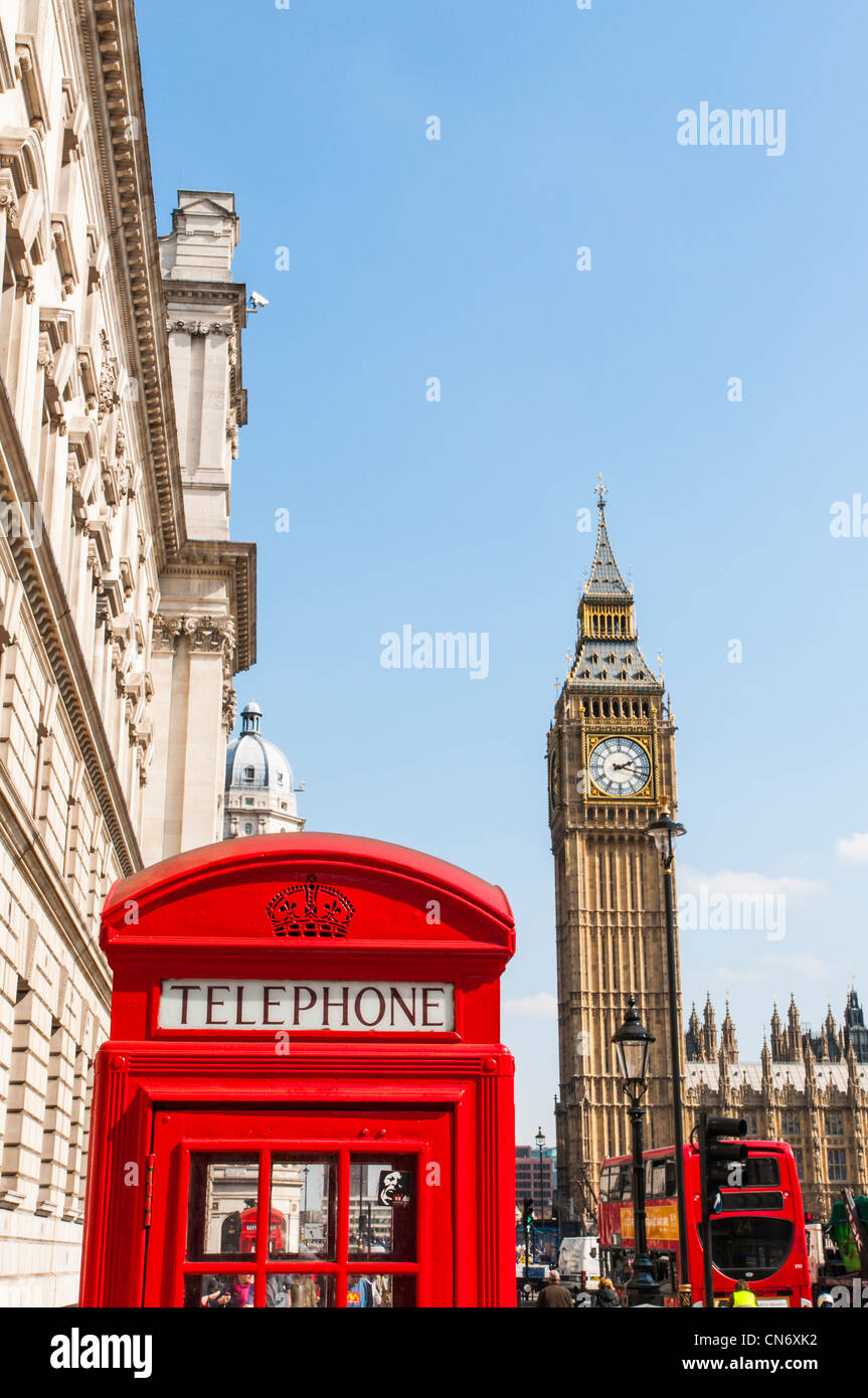 London famous red phone booth, with Big Ben in the background Stock ...