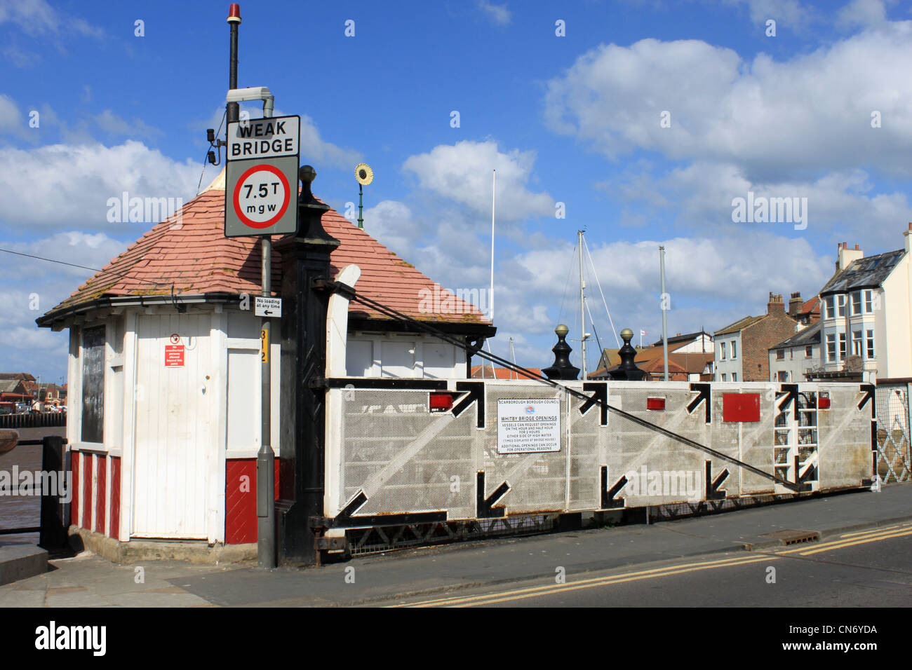 Gate of swing bridge (and associated signs) across Whitby harbour ...