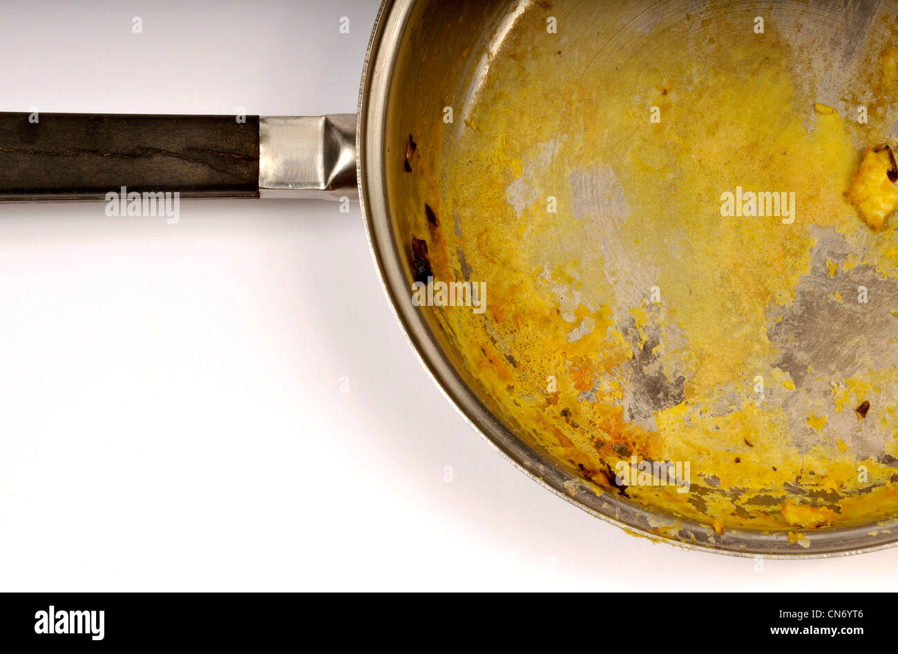 A dirty stainless steel pan used to cook eggs Stock Photo - Alamy