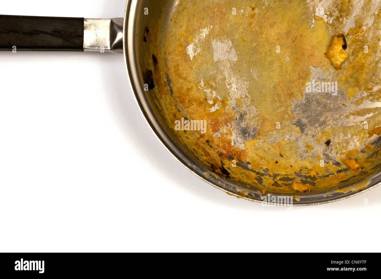 A dirty stainless steel pan used to cook eggs Stock Photo - Alamy