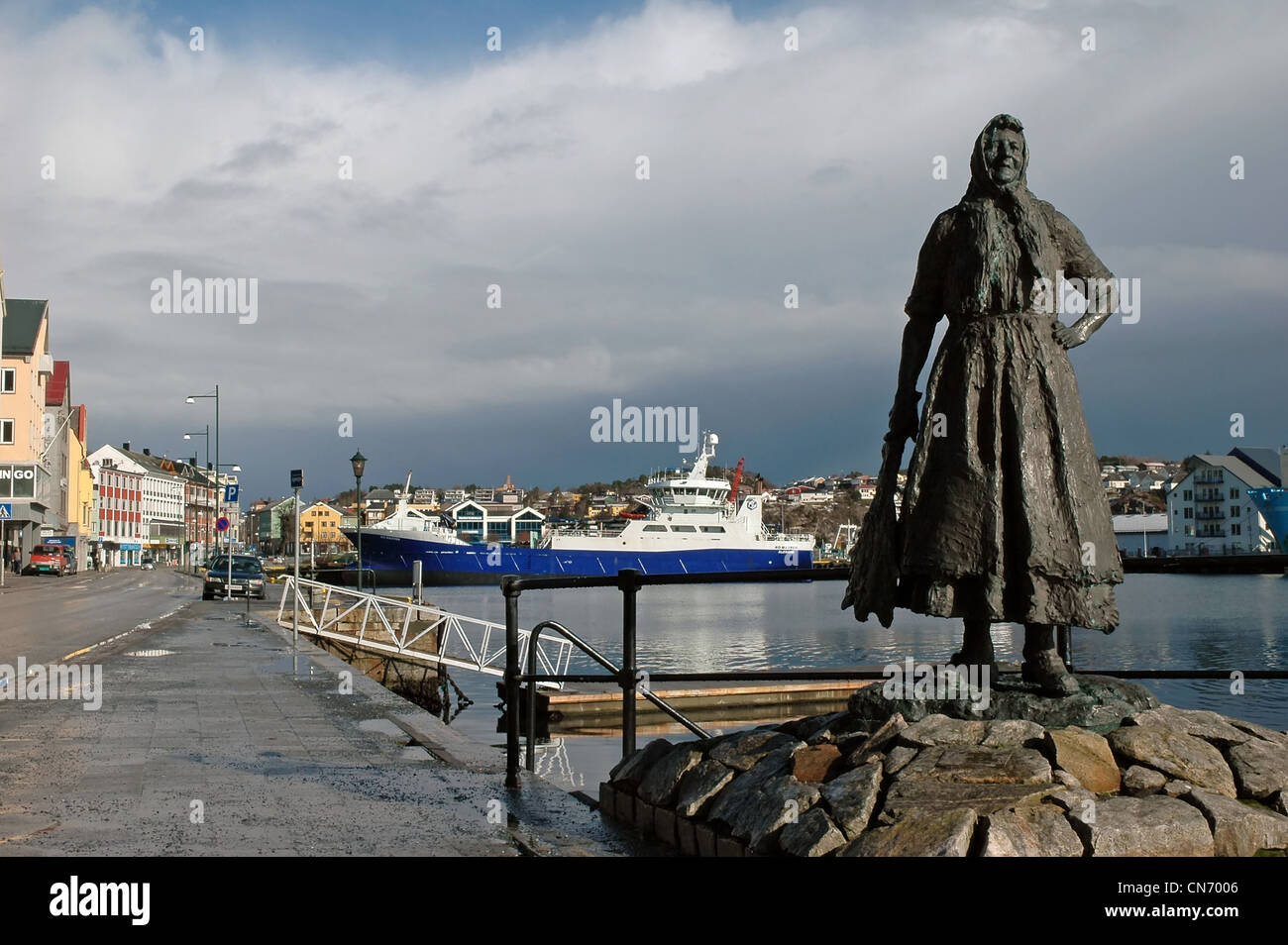 View to Kristiansund, Norway, Scandinavia. Sculpture, woman with fishes ...
