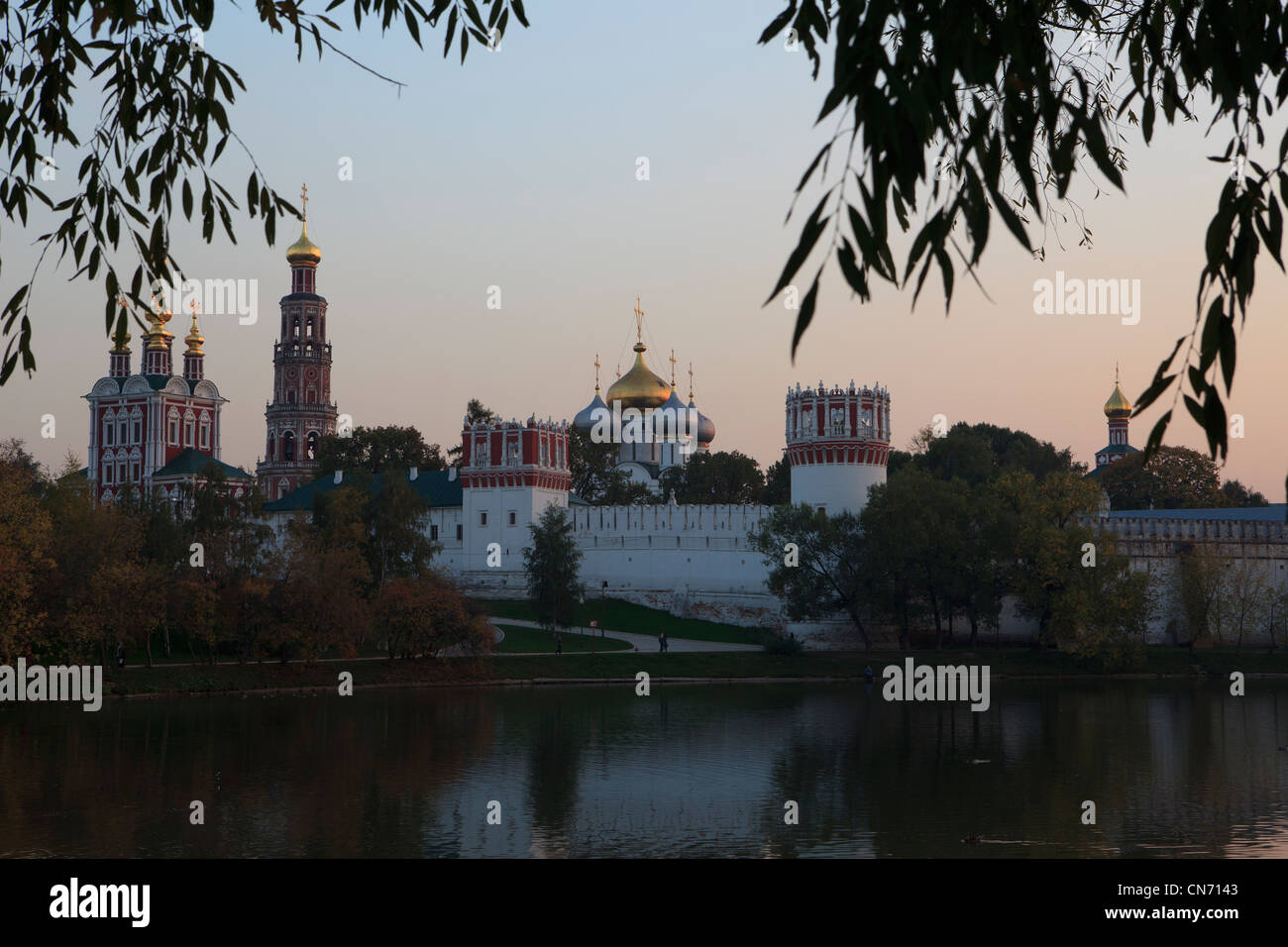 Panoramic view of the 16th century Novodevichy Convent at dusk in ...