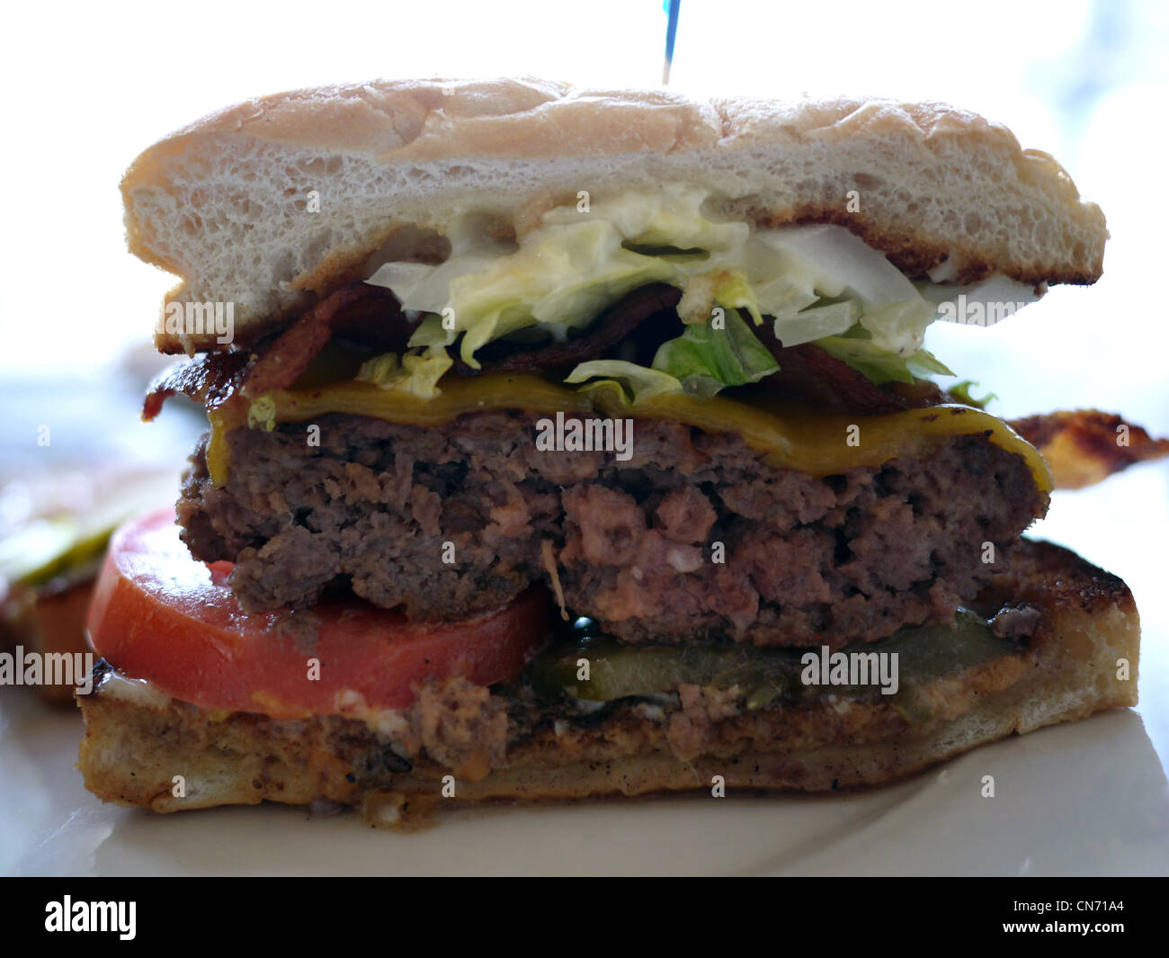 cheeseburger with cheese, bacon, lettuce, tomato, and mayo Stock Photo ...
