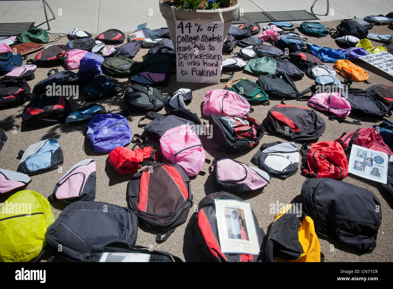 Hundreds of backpacks are displayed in New York on Thursday, April 5 ...