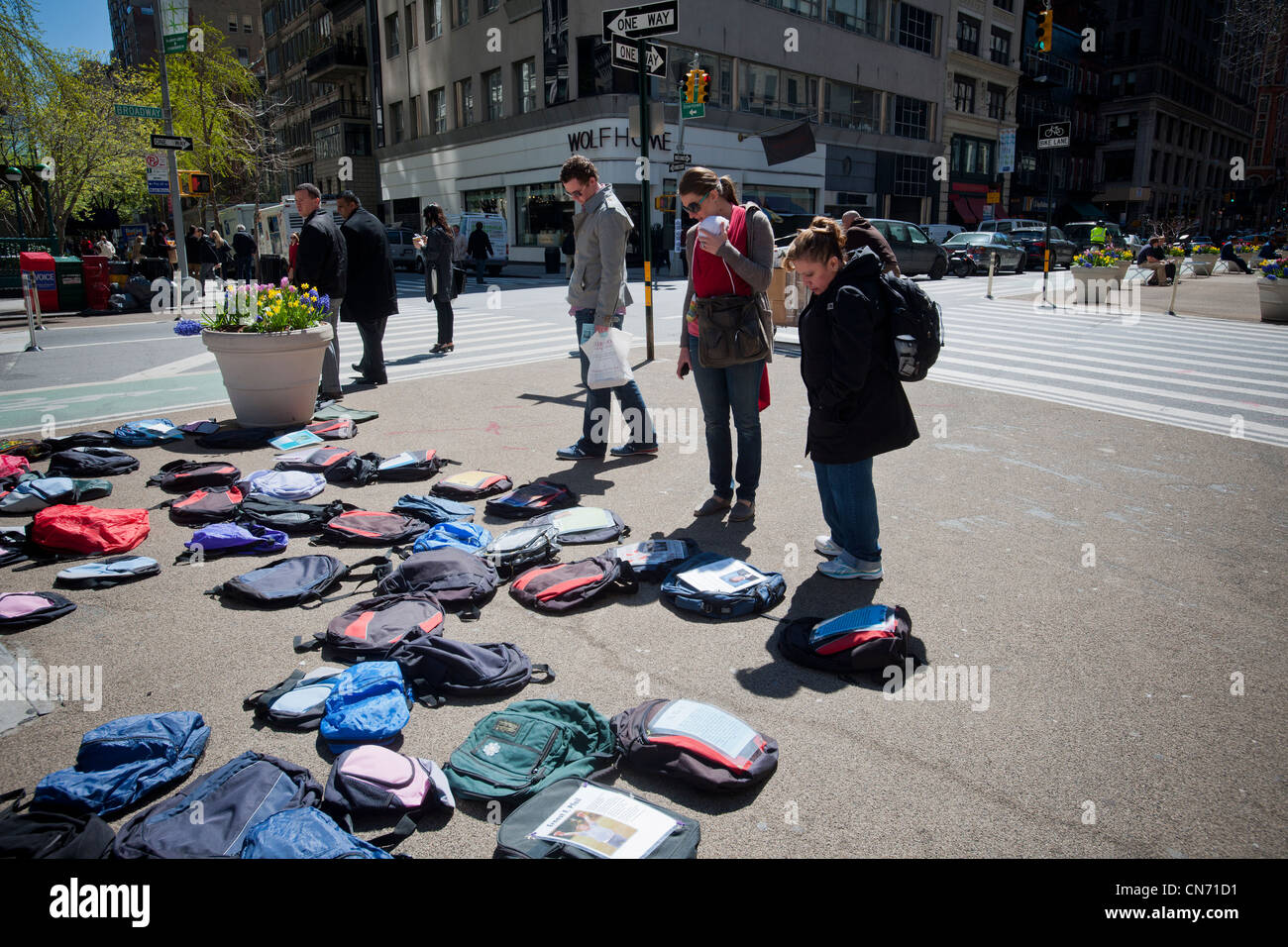Hundreds of backpacks are displayed in New York on Thursday, April 5 ...