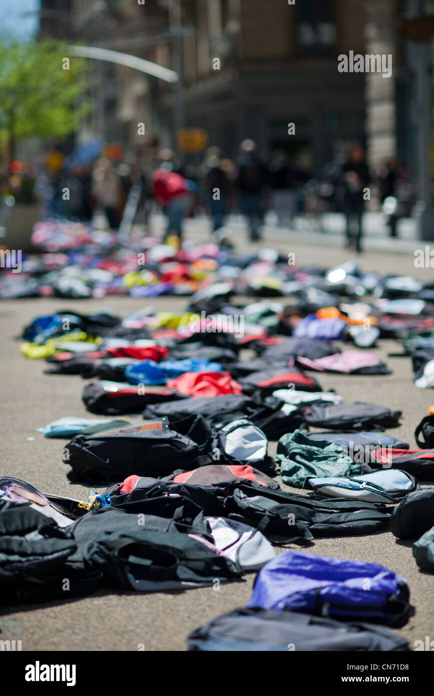Hundreds of backpacks are displayed in New York on Thursday, April 5 ...