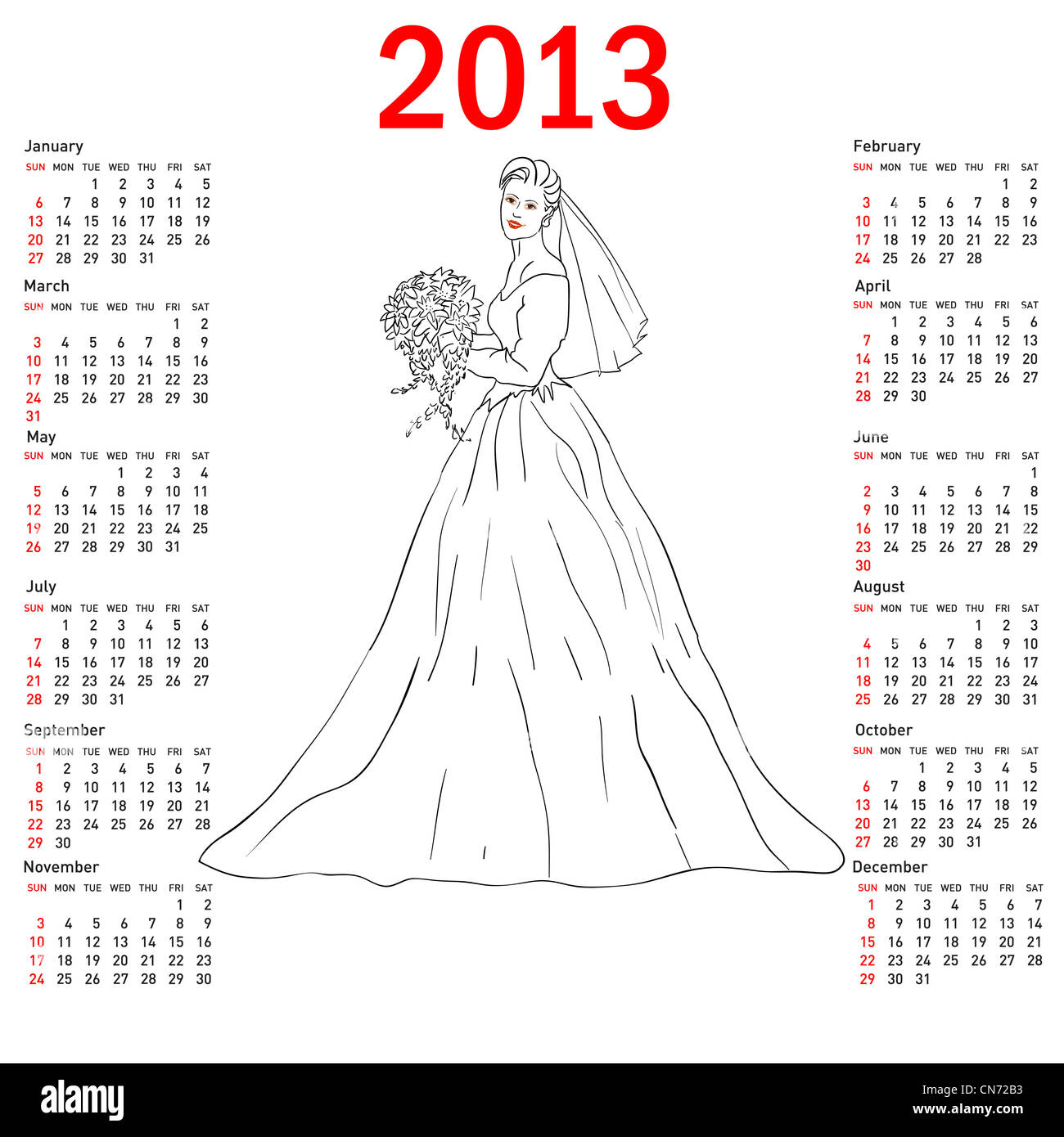 Stylish calendar Bride in wedding dress white with bouquet for 2013 ...