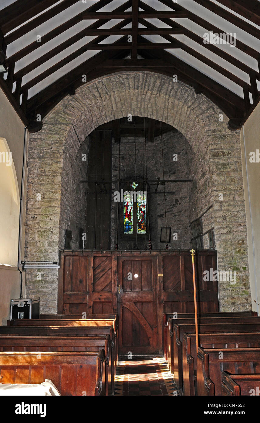 Semi-circular arch and bell ropes in tower of St Calixtus Church West ...