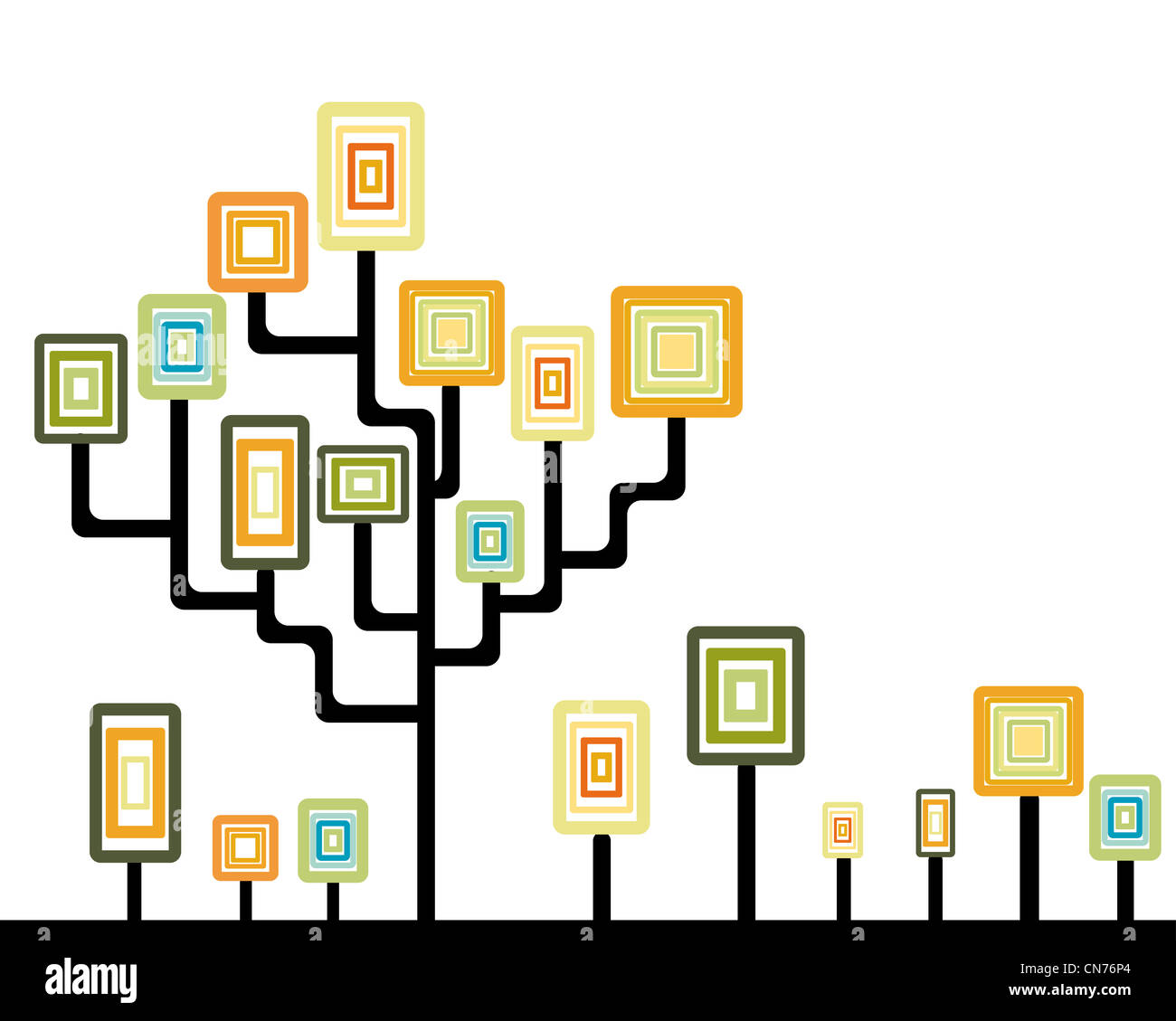 Abstract tree and plants with rounded square leaves. Vector ...