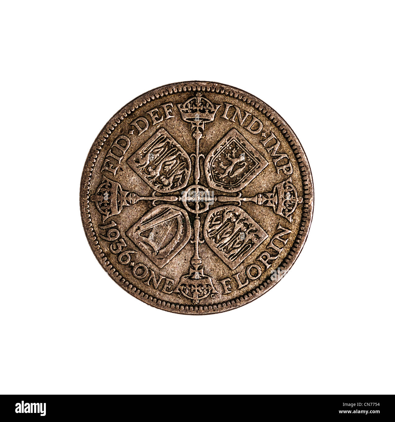 An English pre decimal one florin coin dated 1936 on a white background ...