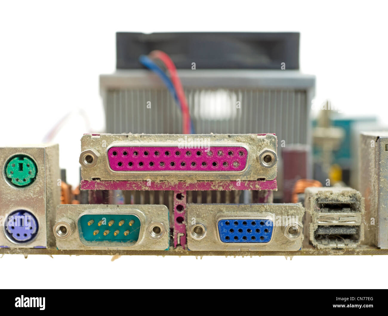 Close view dusty back panel ports for motherboard Stock Photo - Alamy