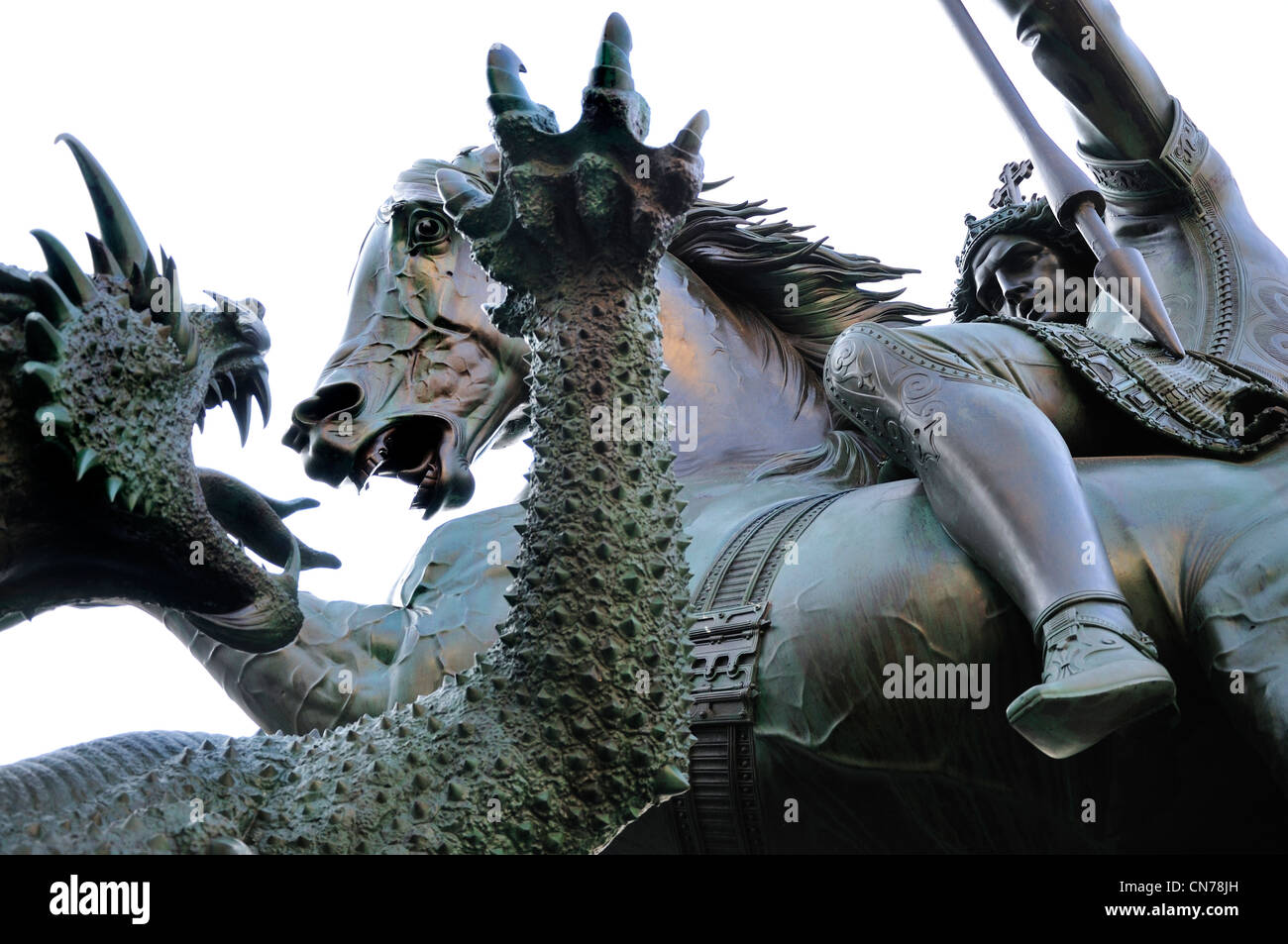 Berlin, Germany. Nikolaivietel. Statue: St George slaying the Dragon ...