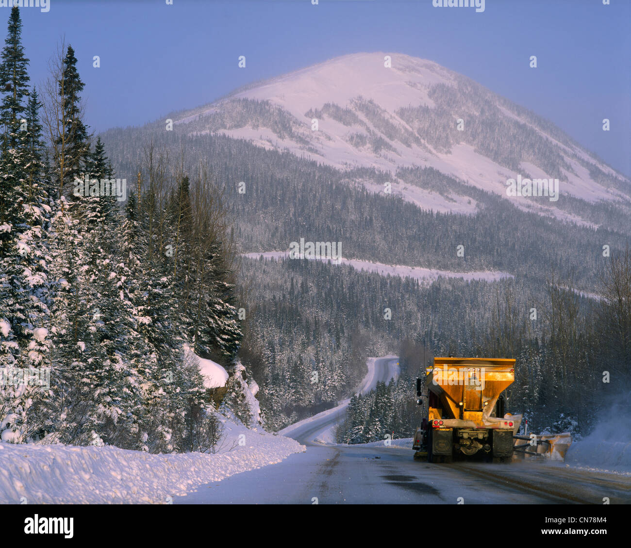 Snowplow on Road and Mount Hog , Chic-Choc mountains Gaspesie region ...