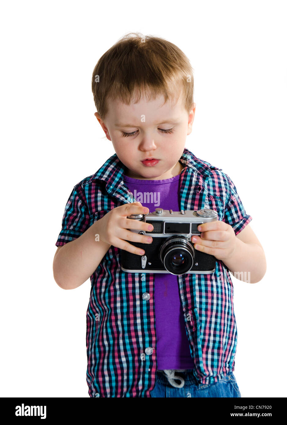 Little boy with retro photo camera - isolated on white background Stock ...
