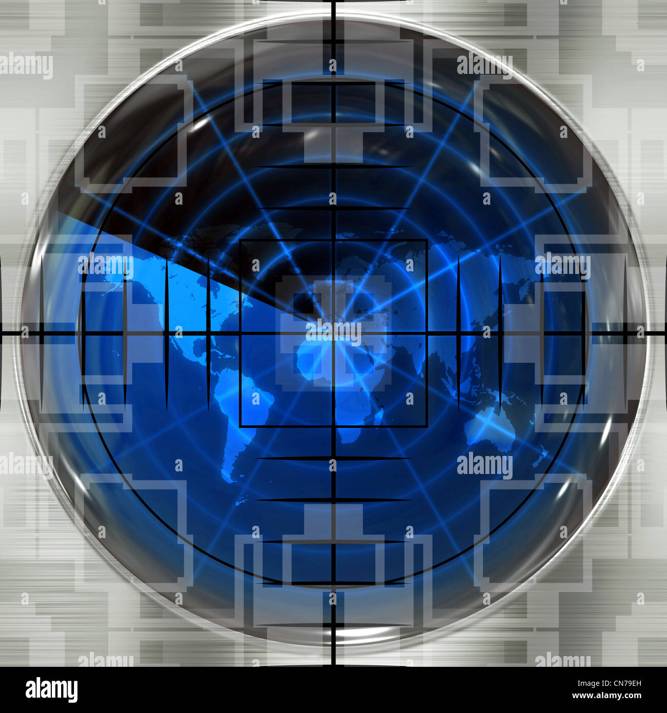 The world map in a radar screen with sniper crosshairs. Blips can be ...