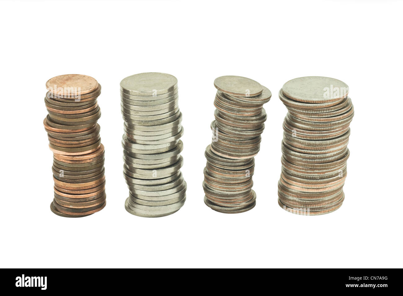 Four piles of US coins Stacked on white background Stock Photo - Alamy