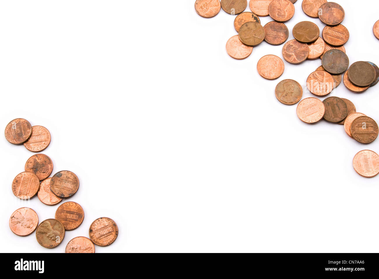 Pennies on white background with copy space Stock Photo - Alamy