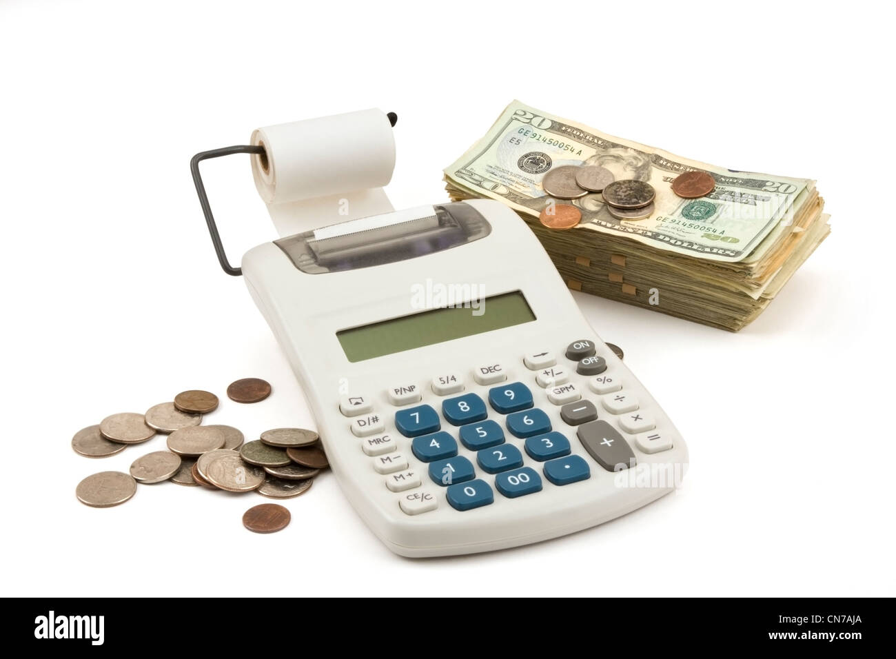 American money and calculator isolated on white Background Stock Photo ...