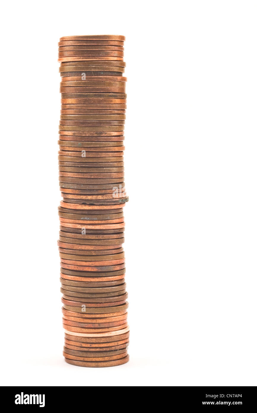 Stack of pennies on white background Stock Photo - Alamy